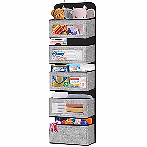 JAYSDAYLY Over the Door Hanging Organizer Storage with 5 Large Pockets,Wall Mount Pantry Organizers with Clear Windows and 2 Metal Hooks for Toilet,Bathroom,Closet,Nursery,Diapers