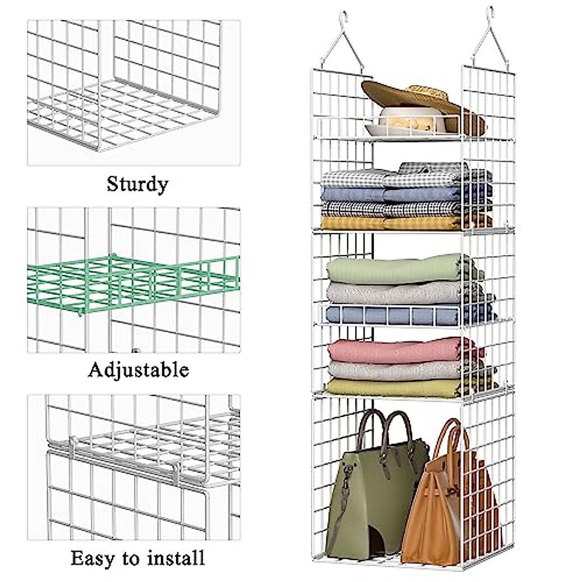 Yociyoga 5 Tier Closet Organizers and Storager, Adjustable Hanging Shelf Metal Wire Wardrobe Basket with 2 Sturdy Hooks for Bedroom, Livingroom (White)