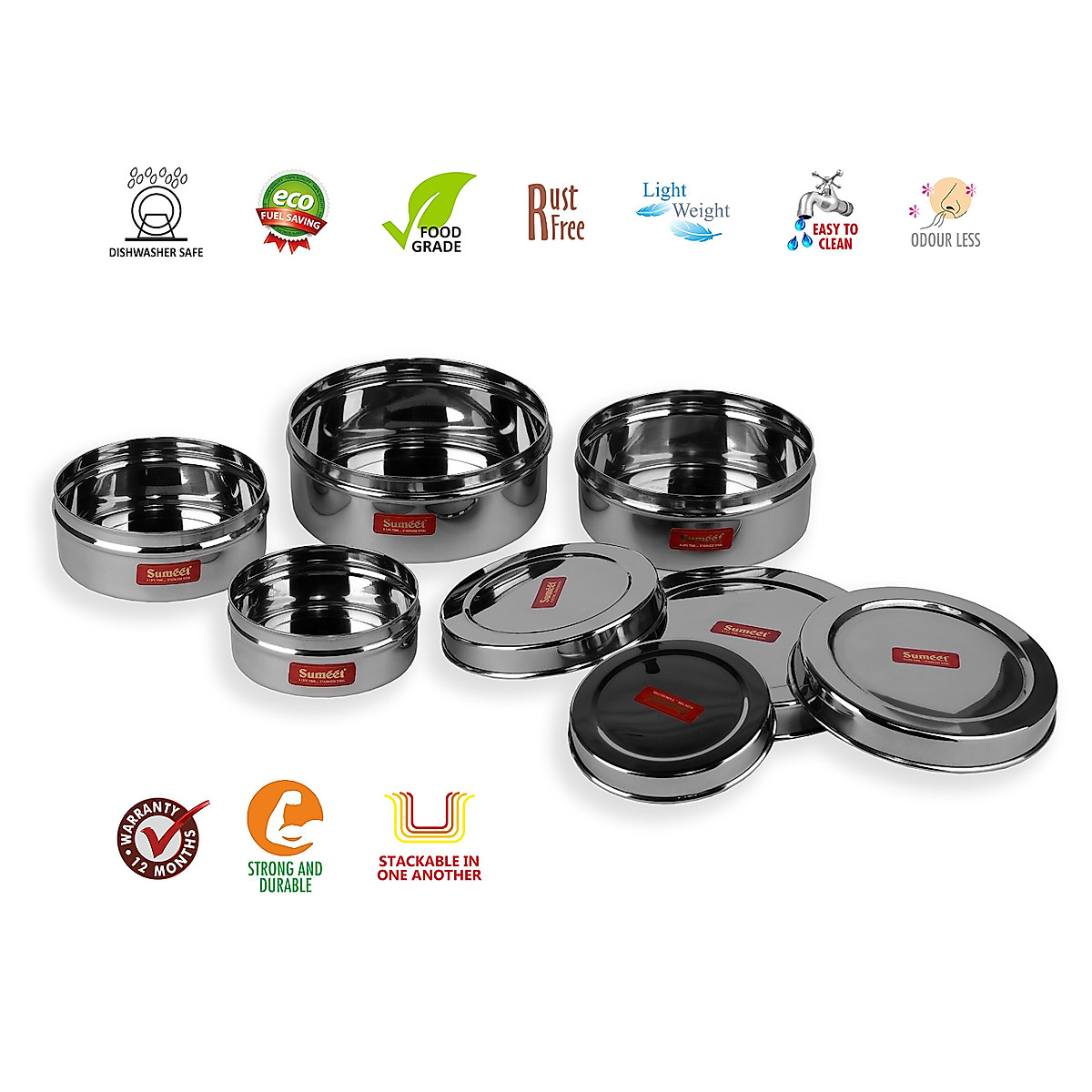 Sumeet Stainless Steel Flat Canisters/Puri Dabba/Storage Containers Set of 4Pcs (No. 6 To No. 9) (200ml, 350ml, 500ml, 800ml)