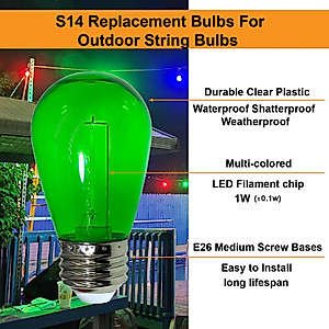 abulber S14 led Outdoor String Light Replacement Bulbs,Plastic,Shatterproof,Waterproof.1 Watt to Replace 11 Watts Incandescent Bulb.120V 2700K E26 Multi-Colored 16 Pack