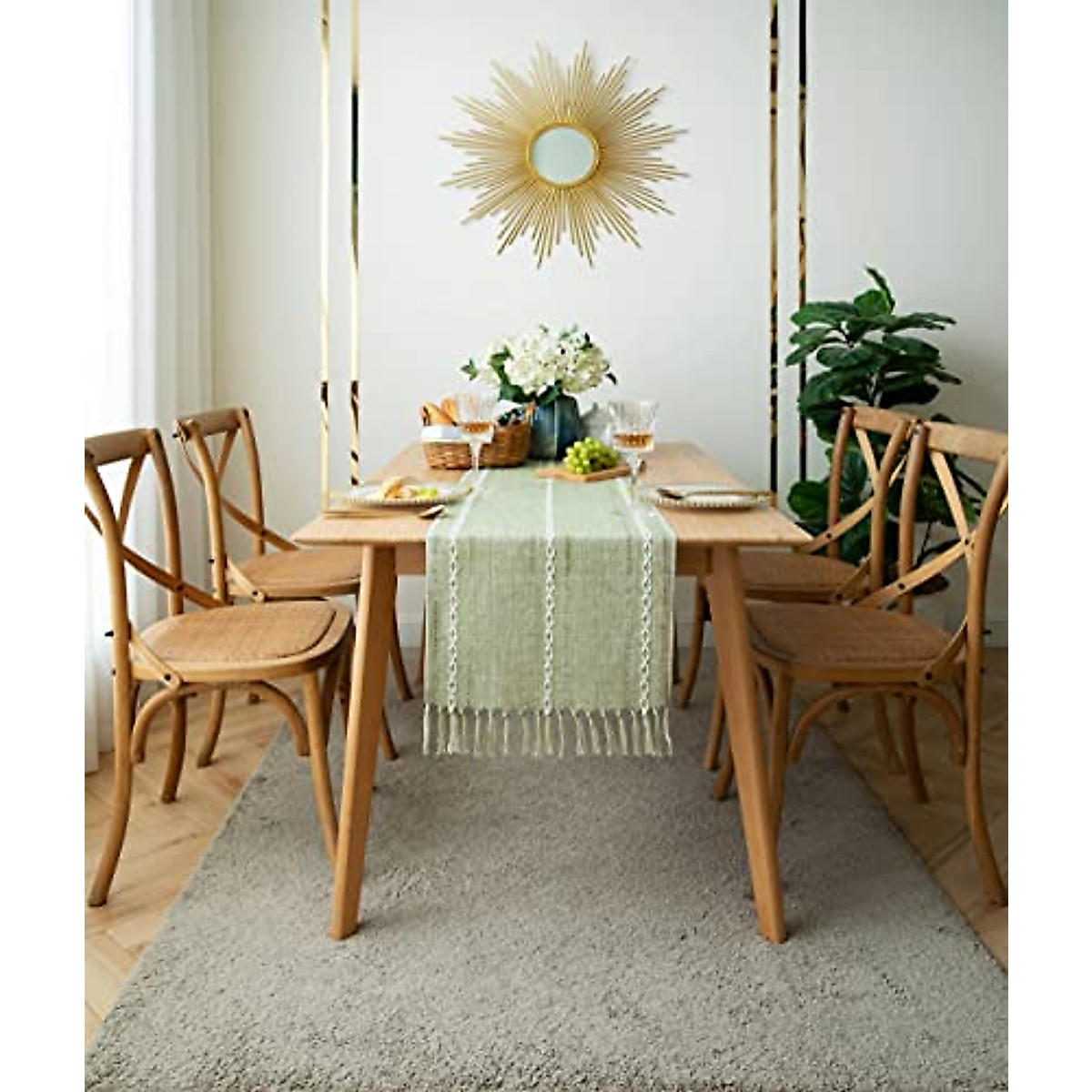 ZeeMart Farmhouse Table Runner, Rustic Table Runners 72 Inches Long, Linen Boho Table Runner, Braided Striped Green Table Runner for Dining Party Holiday, 15x72 Inches, Hollow Grass Green