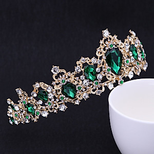 Frcolor Royal Crystal Tiara Green Rhinestone Queen Tiara Wedding Crown Princess Hair Accessories for Bridal (Emerald Color)