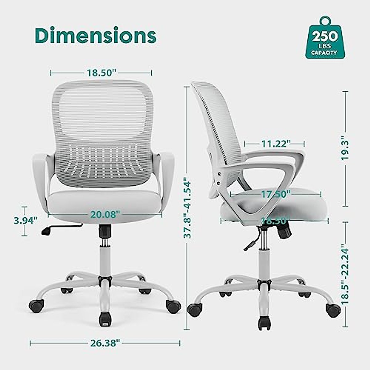 SMUG Ergonomic Chair Computer Gaming with Arms, Home Office Desk with Wheels, Mid-Back Task Rolling with Lumbar Support, Comfy Mesh Swivel Executive, 18.5" D x 20.08" W x 41.5" H, Grey