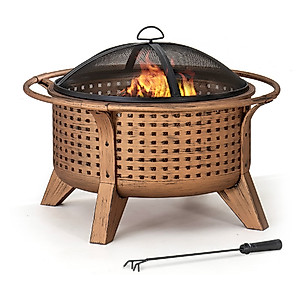 Sunjoy Fire Pit 30 in. Outdoor Wood-Burning Fire Pit, Patio Woven Round Steel Firepit Large Fire Pits for Outside with Spark Screen and Poker