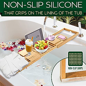 SereneLife Luxury Bamboo Bathtub Caddy, Extendable & Adjustable Tray with Device/Book Holder, Removable Trays for Bath Accessories (Natural)