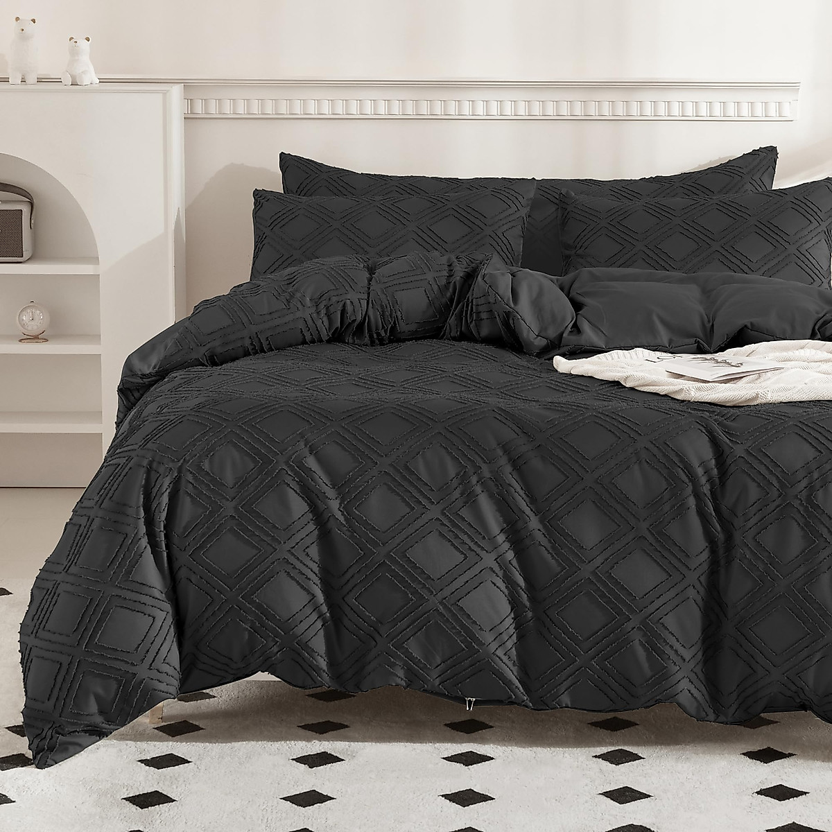 JELLYMONI Black Duvet Cover Twin Size - 3 PCS Microfiber Tufted Duvet Cover Set, Boho Textured Duvet Cover Jacquard Rhombus Geometric Pattern Duvet Cover with Corner Ties & Zipper Closure