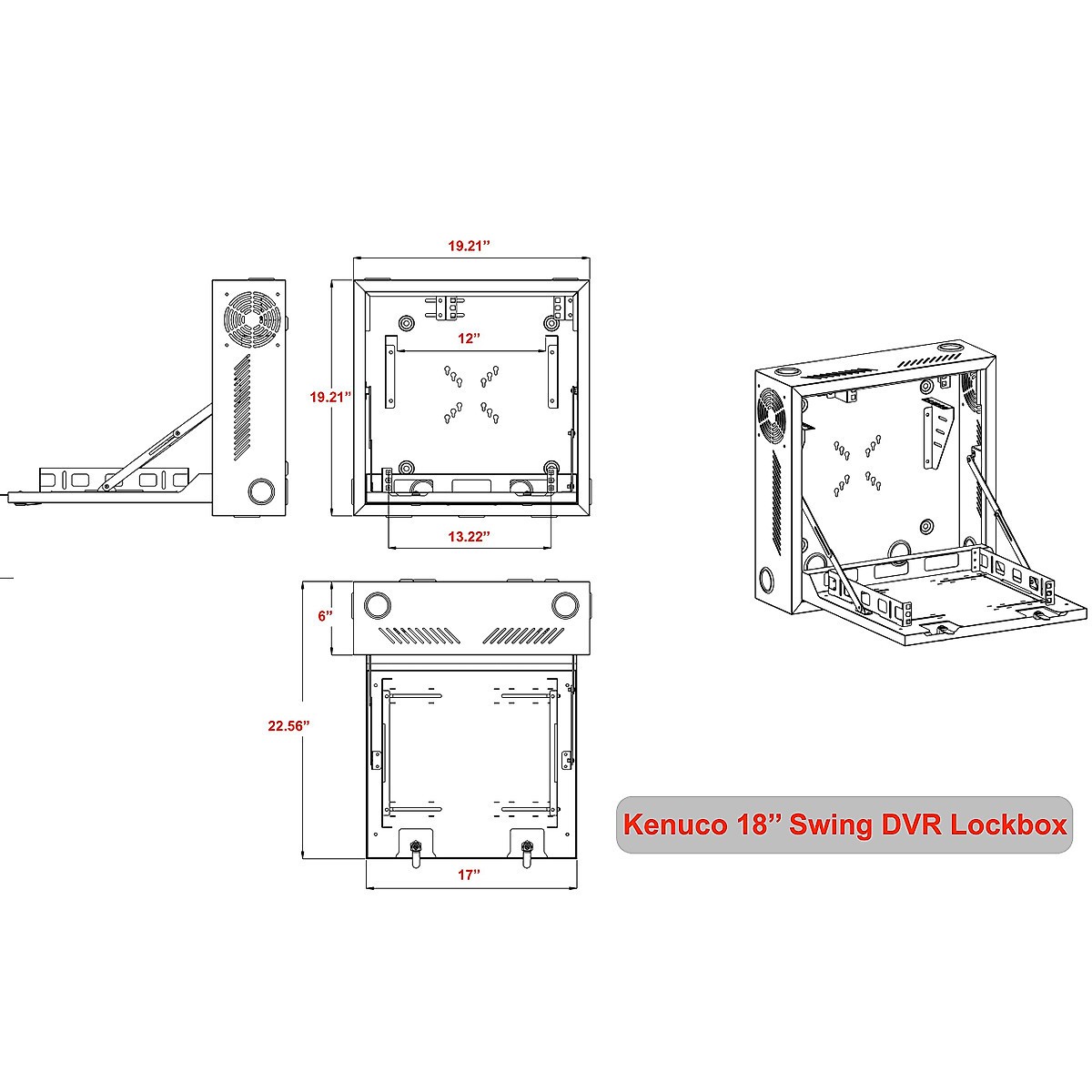 Kenuco Heavy Duty 16 Gauge Steel DVR Security Lockbox with Fan and Swing Open Top (18'' x 18'' x 5'' Black)