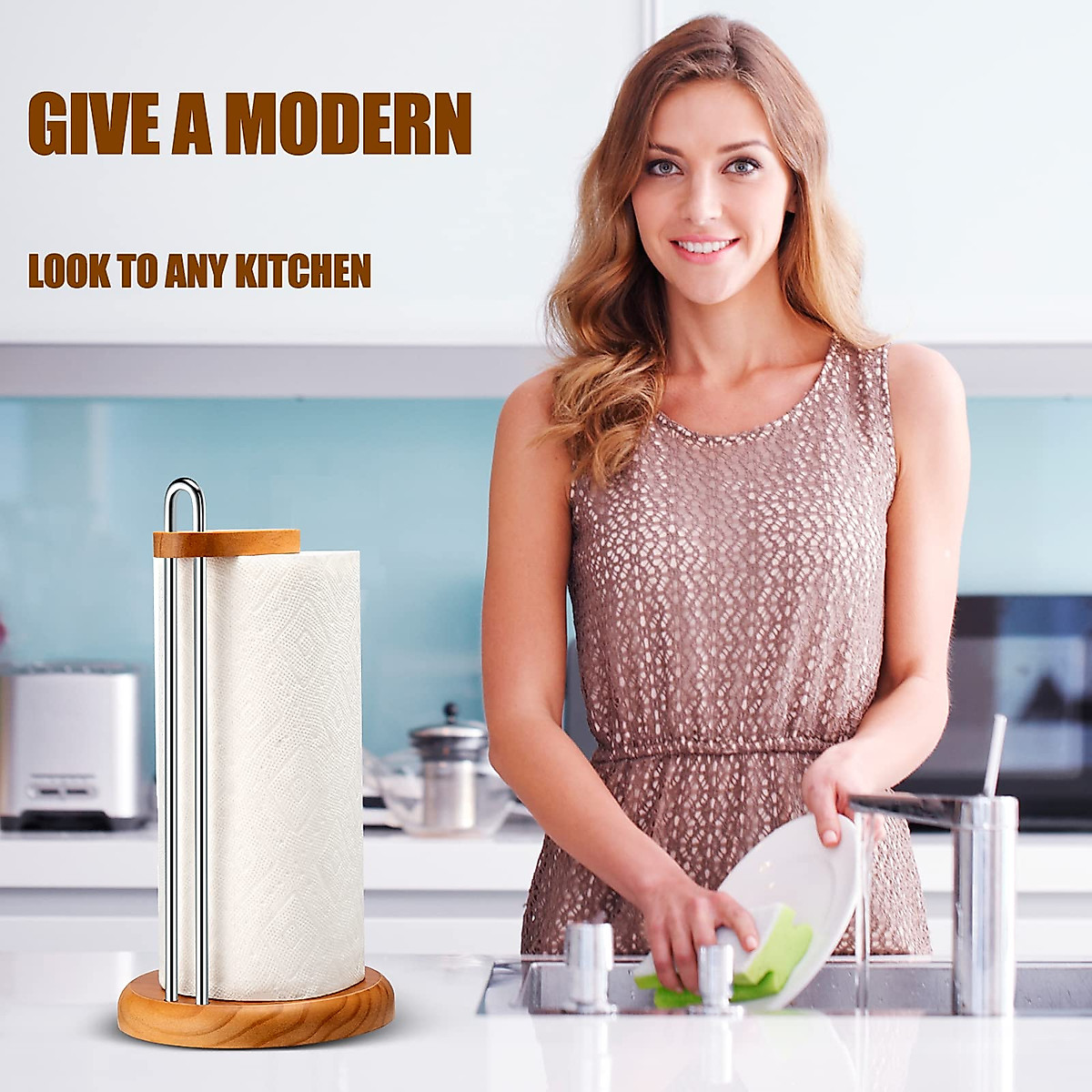 Wood Paper Towel Holder Countertop - Rustic Farmhouse Paper Towel Holder Stand - Standing Paper Towel Roll Holders - Vertical Wooden Paper Towels Holder for Kitchen Counter - Papertowellholders Rack