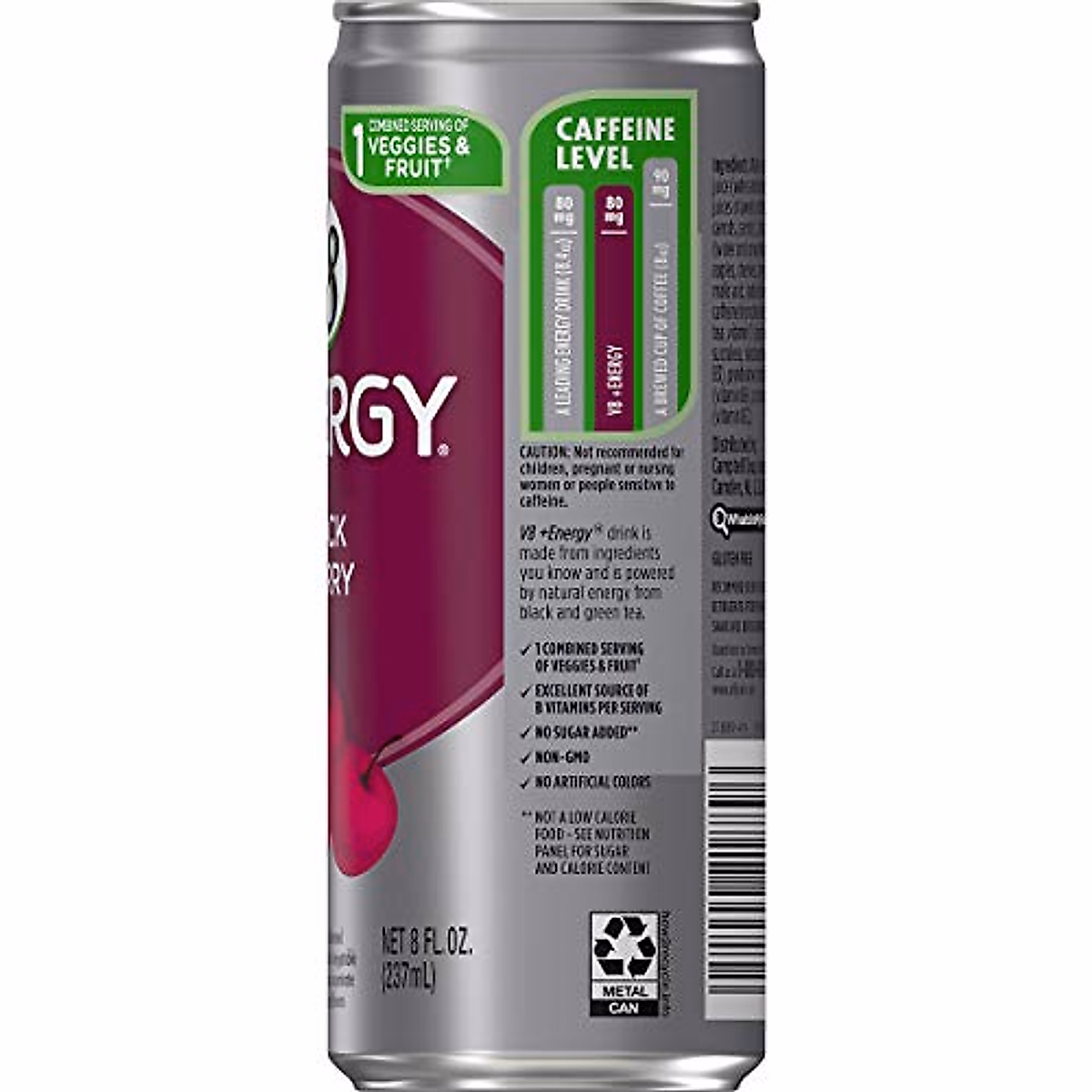 V8 +Energy, Healthy Energy Drink, Natural Energy from Tea, Black Cherry, 8 Ounce Can (Pack of 24)