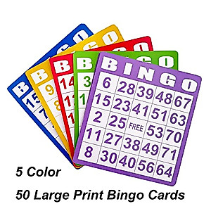 JUNWRROW Deluxe Bingo Game Set - Includes Blue Bingo Bag, Jumbo Calling Card Deck,50 Mixed Bingo Cards, 500 Colorful Chips with a Bag- Ideal for Large Groups, Parties