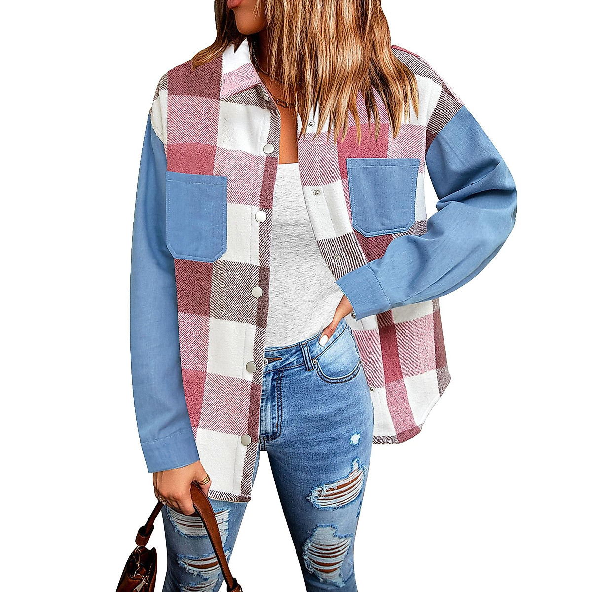 luvamia Womens Flannel Jacket Plaid Shirt Jacket Women Shacket Jacket Shackets For Fall Fashion Women Jeans Jacket For Women Fashion Size Medium Size 8 10
