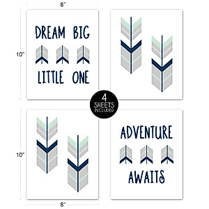 Sweet Jojo Designs Grey, Navy Blue and Mint Woodland Arrow Wall Art Prints Room Decor for Baby, Nursery, and Kids for Mod Arrow Collection - Set of 4 - Dream Big Little One