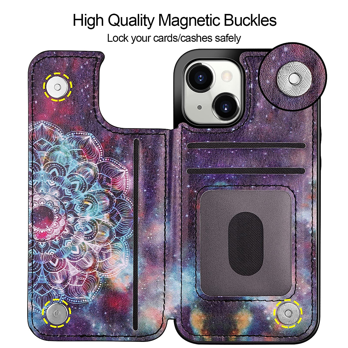 HianDier Compatible with iPhone 15 Case with Card Holder Wallet Case for Women Men Flip PU Leather Kickstand Protective Case Magnetic Closure Shockproof Case Cover for iPhone 15 Phone Case, Mandala