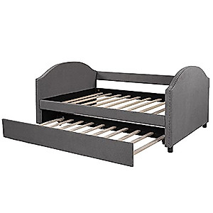 HSBD Full Size Daybed with Trundle, Modern Upholstered Day Bed Linen Fabric Sofa Daybed Frame with A Roll-Out Trundle, No Box Spring Needed, Furniture for Bedroom Living Room Guest Room