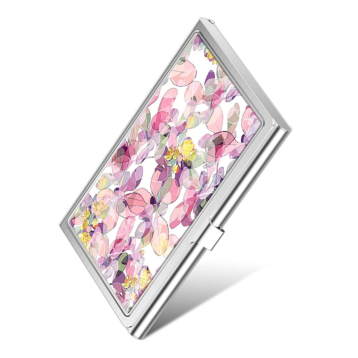 Rouidr Business Card Holder, Small Business Card Case, Slim Metal Business Card Organizer, Pocket Name Card Holder Wallet for Men Women, Colorful Flowers