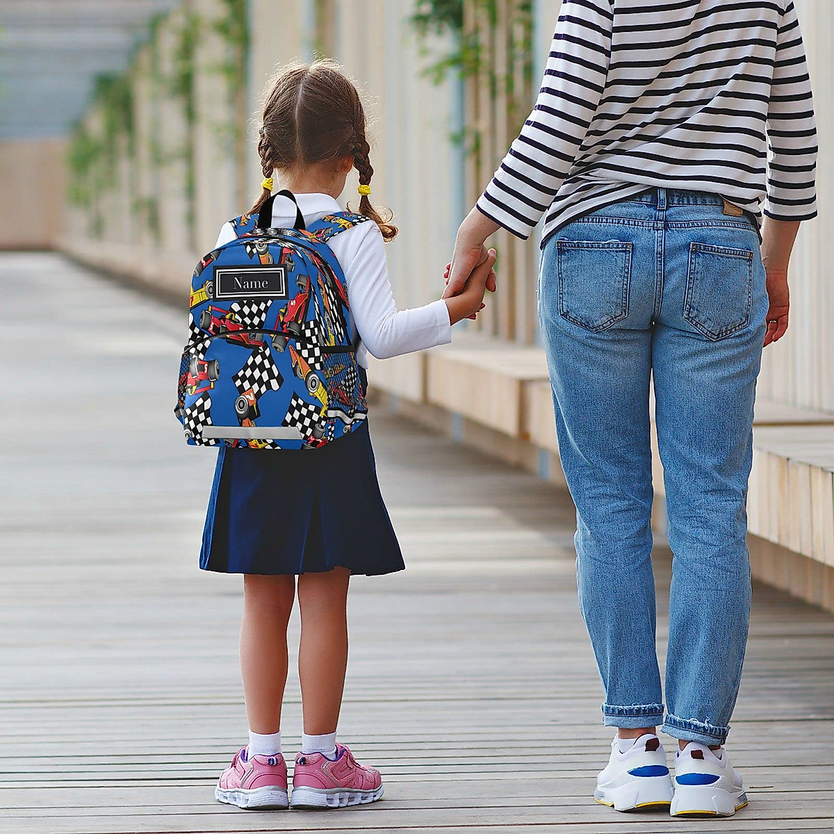 Custom Hippie Vintage Racing Cars Kids Toddler Backpack Race Car Flag Kindergarten Bookbag Personalized Preschool Backpacks Elementary School Bags Reflective Stripes Casual Bag For Children Boys Girls