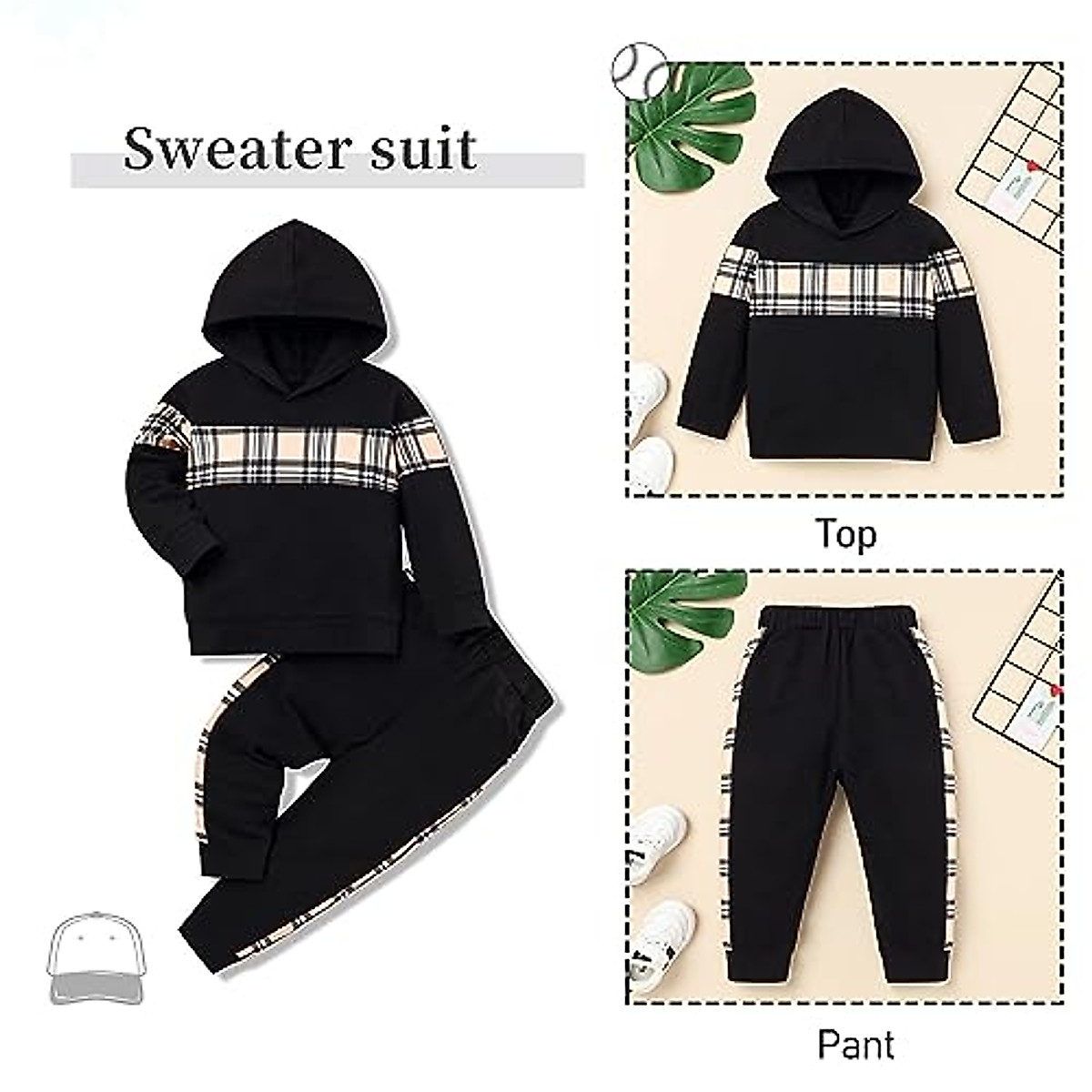 FoWear Toddler Boy Clothes Kid Fall Outfit Plaid Patchwork Hooded Long Sleeve Sweatshirt Pants Outfits Sets 5-6 Years