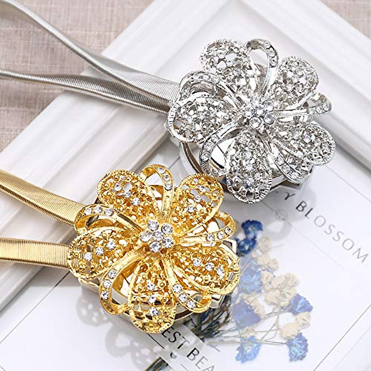 JQWUPUP Magnetic Curtain Tiebacks, Luxury Crystal Blossoms Drapery Holdbacks - Decorative Curtain Tie Backs Clip for Sheer and Blackout Panels (2 Pieces, Gold Yellow)