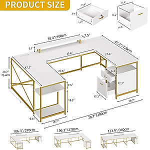 DWVO U Shaped Desk with Drawers, 79" Reversible L Shaped Desk with Power Outlets & LED Lights, Corner Computer Desk with Monitor Stand & Storage Shelves, White & Gold