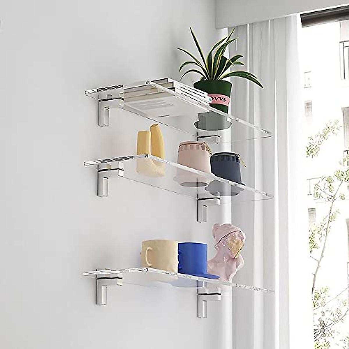 Set of 2 Invisible Wall Shelves Wall Mounted Display Shelf，Clear Acrylic Wall Shelf,Floating Shelves for Living Room ,Bedroom,Bathroom,Kitchen,Flower Stand,Office