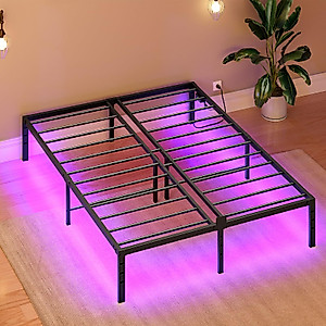 HOOBRO Queen Bed Frame with LED Lights, Metal Platform Bed Frame with Charging Station, 2 Outlets and 2 USB Ports, Heavy Duty Queen Size Bed Frame with End Stop, Ample Under Bed Space, Black