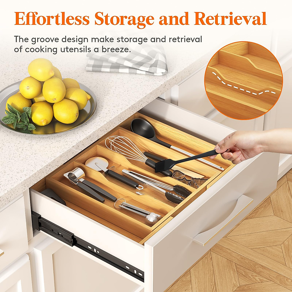 Lifewit Utensil Organizer for Kitchen Drawer, Expandable Cooking Utensil Tray, Bamboo Cutlery Silverware Flatware Holder, Adjustable Spatula Tools and Gadgets Storage Divider, Large, Natural