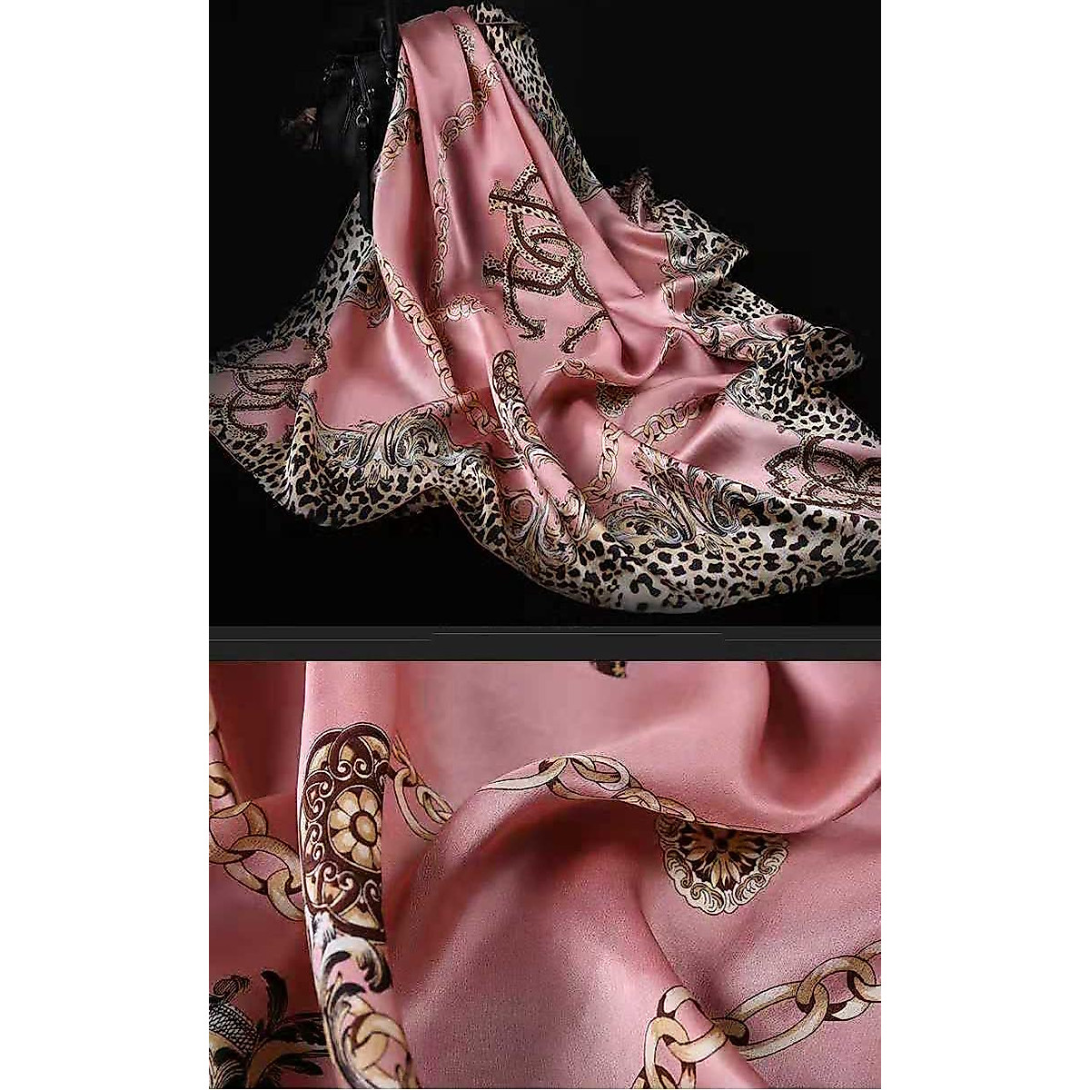 ANDANTINO 100% Pure Mulberry Silk Scarf 43" Large Square Lightweight Headscarf& Shawl–Women Hair Wraps-With Gift Packed (Leopard Print-Pink)