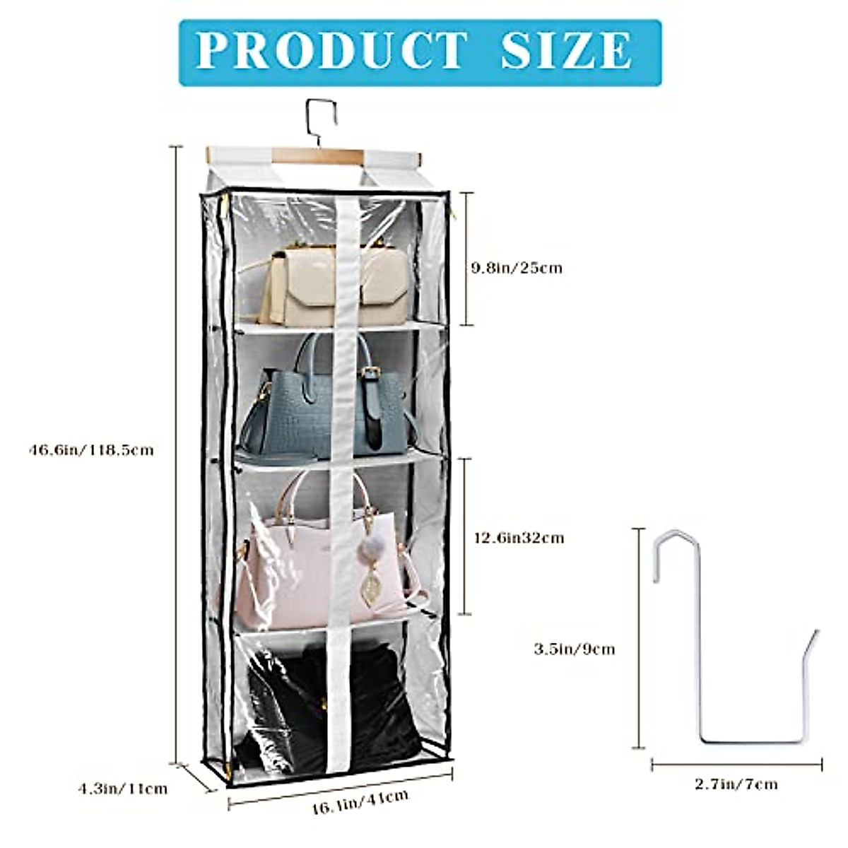 KMOTASUO Clear Closet Hanging Handbag Organizer with Zippers, Easy Access Wardrobe Tote Bag Purse Storage Holder Over The Door Space Saving Shelf Pocket for Bedrooms Living Room