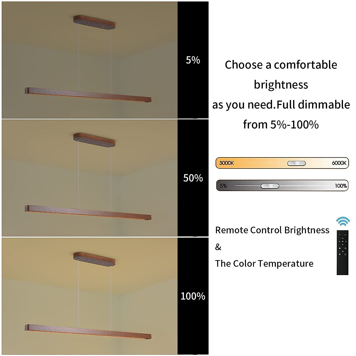 YISDESIGN 59" Wood Linear Pendant Light 40w Integrated Led Pendant Light Dimmable Ceiling Pendant Hanging Light Adjustable Billiard Pool Table Lights for Dining Room Kitchen Island Walnut Color