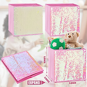 6 Pcs Christmas Foldable Sequin Storage Basket Bin 10 Inch Large Fabric Storage Cubes Storage Bin Closet Bins Christmas Bins Shelf Baskets Kids Toys Organizer Boxes for Christmas Home(Pink)