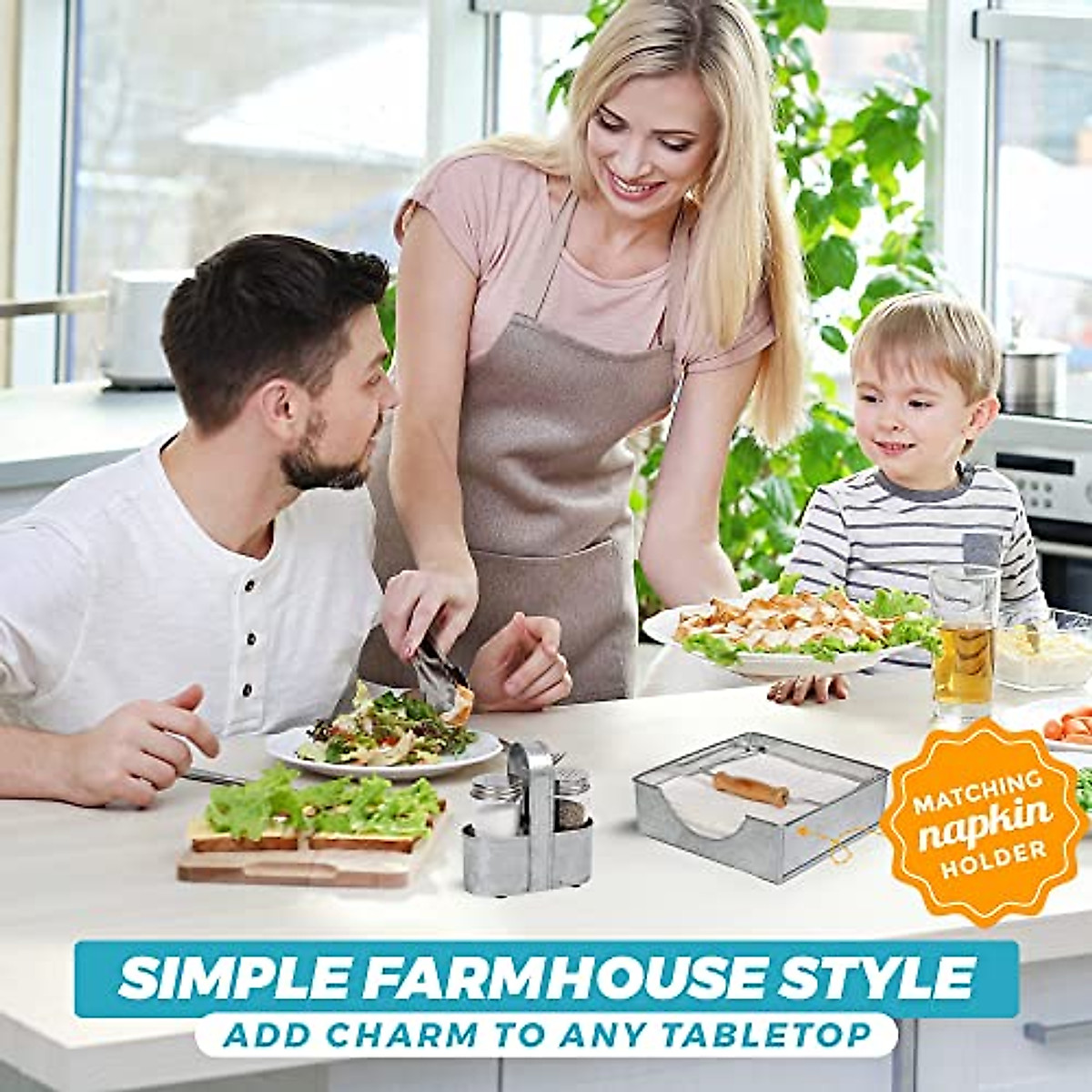 Farmhouse Salt and Pepper Shakers Set With Metal Caddy by Saratoga Home - Vintage Salt and Pepper Shaker Dispensers With Padded Feet, Easy to Clean & Refill, Each Glass Shaker Holds ½ Cup, Silver