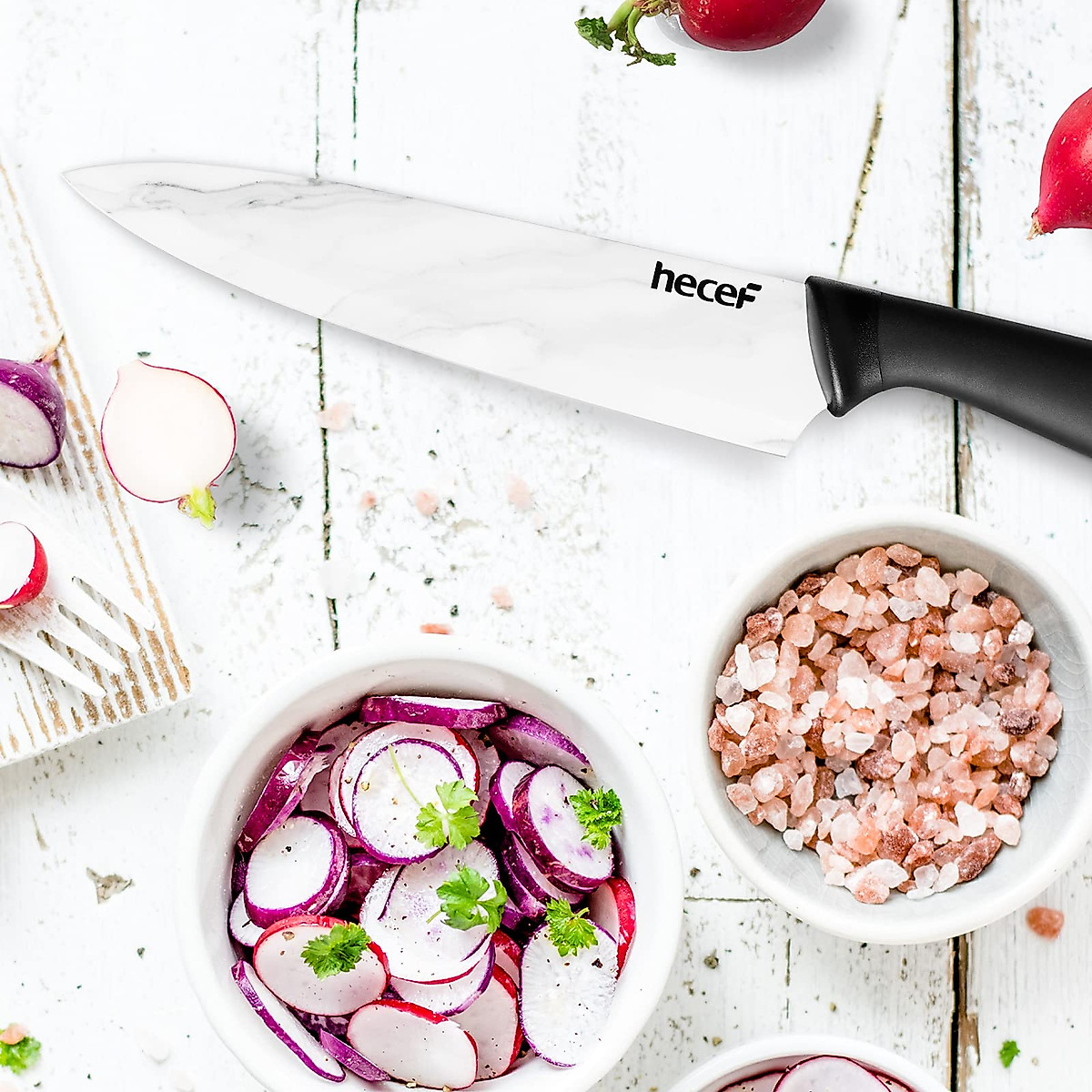 hecef Kitchen Knife Set with Marble Pattern, Non-stick Ceramic Coated Stainless Steel Blades with Protective Sheaths, Professional Chef Knife Set for Kitchen, Restaurant, Camping and Home