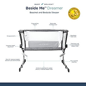 Baby Delight Beside Me Dreamer Bassinet | Bedside Sleeper | 6-Position Height Adjustment | Charcoal Tweed