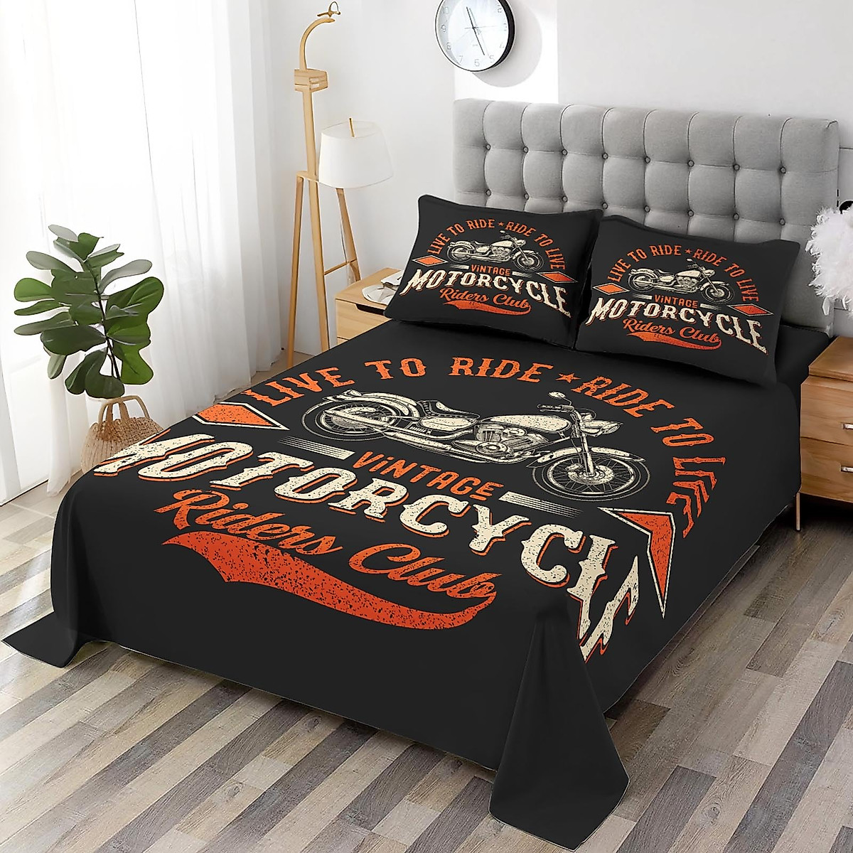 Pamnest 4 Pieces Queen Size Bed Sheet Sets, Bike Retro Motorcycle Soft Microfiber Bedding Sets for Kids and Adults Bedroom Bed Decor, Race Vintage Flat Sheet, Fitted Sheet and Pillowcases