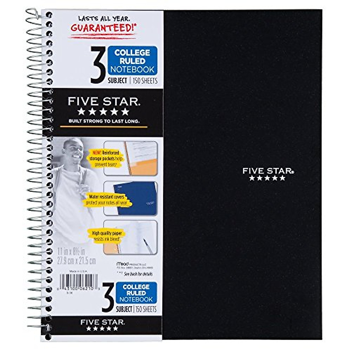 Five Star 06210 Wirebound 3-Subject Notebook, College Rule, 11 x 8 1/2, 150 Sheets, Assorted