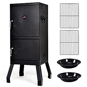Giantex Outdoor Smoker with Double Doors, 2 Detachable Grill Netting Smoking Racks, Charcoal Pan & Water Pan, 4 Air Vents, Thermometer, Vertical Charcoal Smoker for Barbecue Camping Backyard Grill