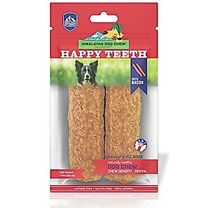 Himalayan Dog Chew Happy Teeth Yak Cheese Dog Chews Dental Chews, 100% Natural, Long Lasting, Gluten Free, Healthy & Safe Dog Treats for Oral Health, Lactose & Grain Free, Protein Rich, Bacon, 2 Chews
