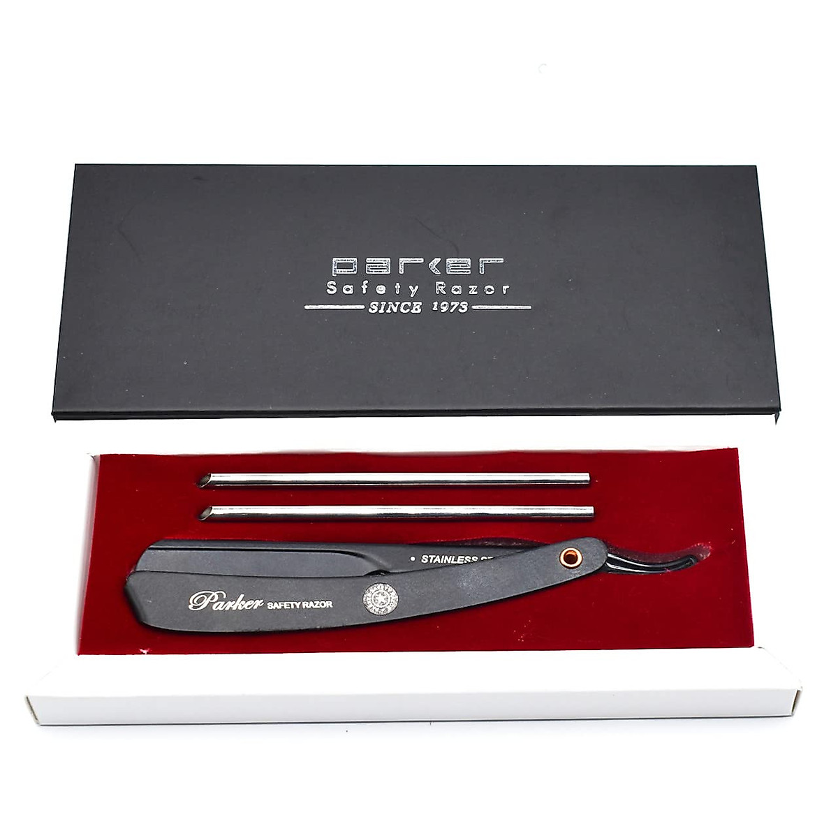 Parker ADJUSTABLE Stainless Steel Black Handle Straight Barber Razor - Customize your Shave with 3 Different Blade Inserts - 5 Parker Razor Blades Included