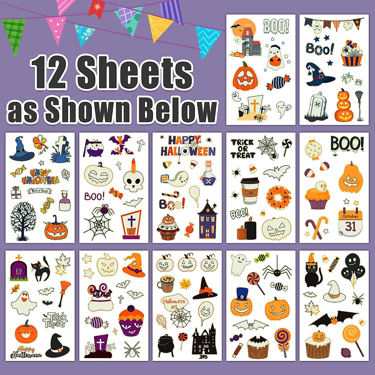 Partywind 135 Styles Luminous Halloween Tattoos, Glow Halloween Treats for Kids Party Supplies Favors Decorations, Cute Halloween Games Toys for Trick or Treat Party (12 Sheets)