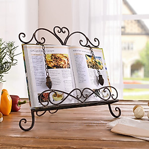 Westcharm Holiday Gift - Antique Metal Kitchen Cookbook Stand, Recipe Book Holder, iPad Holder, Cookery Book Easel with Weighted Chains, Rustic Dark Brown