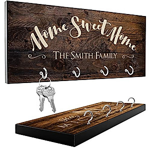 Key Hangers for Wall, Personalized Text Option w/Elegant 12 Design, 3 Wood Options, House Warming Present for New Home, Mr Mrs Wedding Gift for Couple, Custom Key Ring Holder for Wall - Key Rack