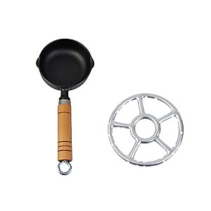 Geesatis 1 Pcs Mini Cast Iron Skillet Small Skillets Frying Pans, with Wok Support Ring for Oil, Baked Cookie, Eggs, Wooden Handles