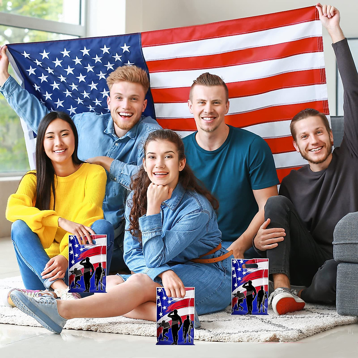 MASHAN 50pcs Veterans Day Gift Bags, Plastic Goodies Treat Bags with American Flag Patriotic Soldier for Independence Day Veterans Day and Army Party Decorations