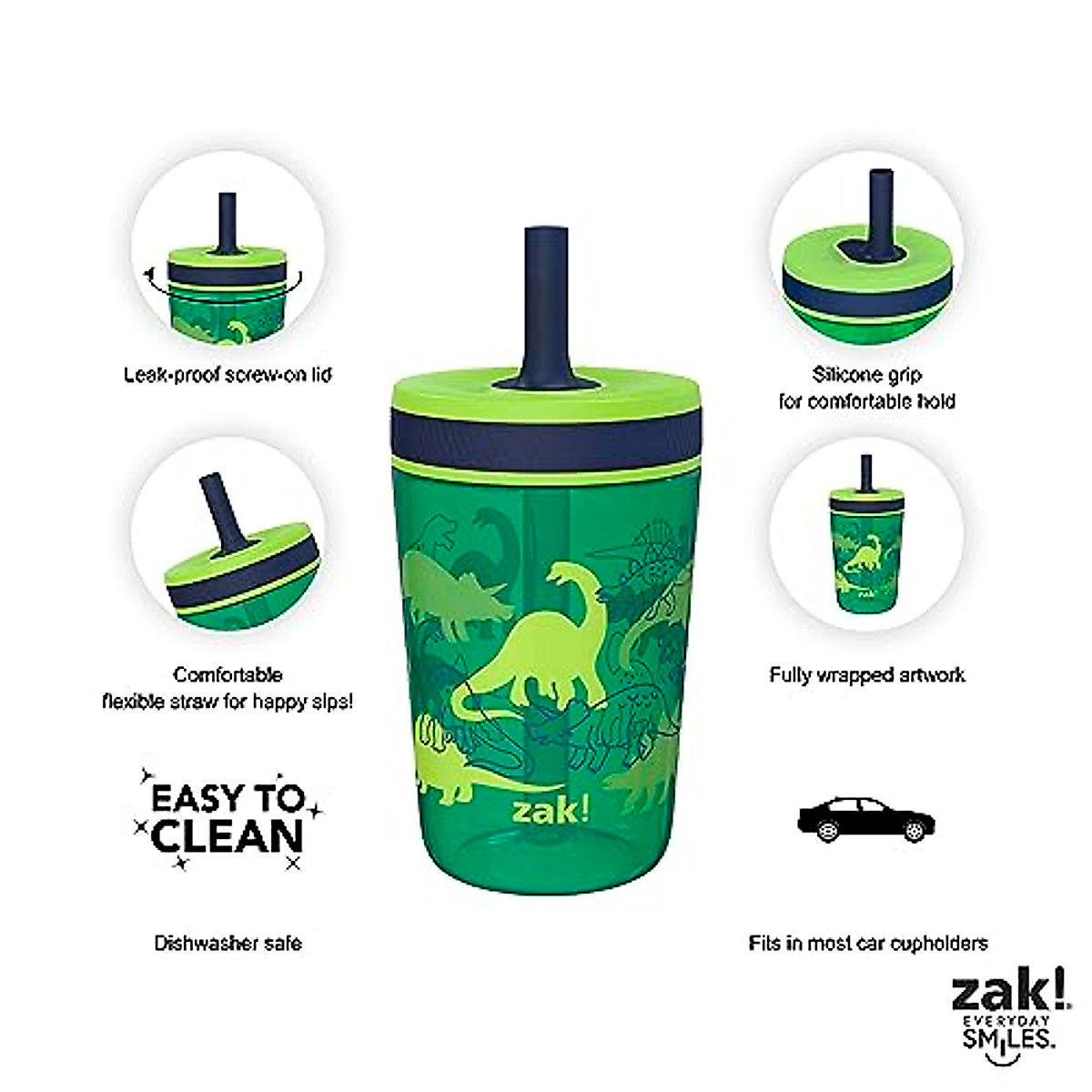 Zak Designs Dino Camo Kelso Tumbler 3pc Set, Leak-Proof Screw-On Lid with Straw, Bundle for Kids Includes Plastic and Stainless Steel Cups with Additional Sipper, 15 fluid ounces