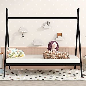 LCH Full Size House Bed Metal Tent Bed Frame, Floor Play House Bed Frame with Slat, Platform Bed for Kids Girls Boys, Teens No Box Spring Needed,Suitable for Bedroom,Apartment and Dorm (Black)