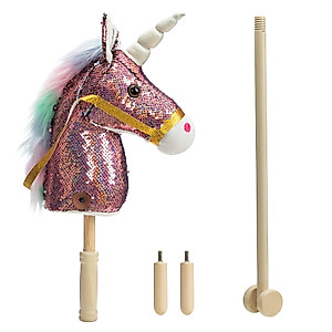 HollyHOME Sequin Unicorn Stick Horse Handcrafted Hobby Horse on a Stick with Wood Wheels Real Pony Neighing and Galloping Sounds Plush Unicorn Toy Pink 36 Inches(AA Batteries Required)