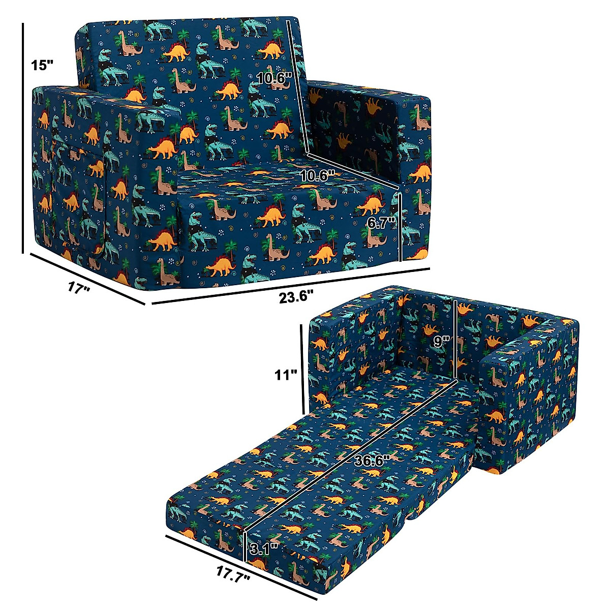 ALIMORDEN 2-in-1 Flip Out Comfy Toddler Couch, Lovely Kids Chair Convertible Sofa to Lounger for Story/Nap Time, Cool Dinosaurs
