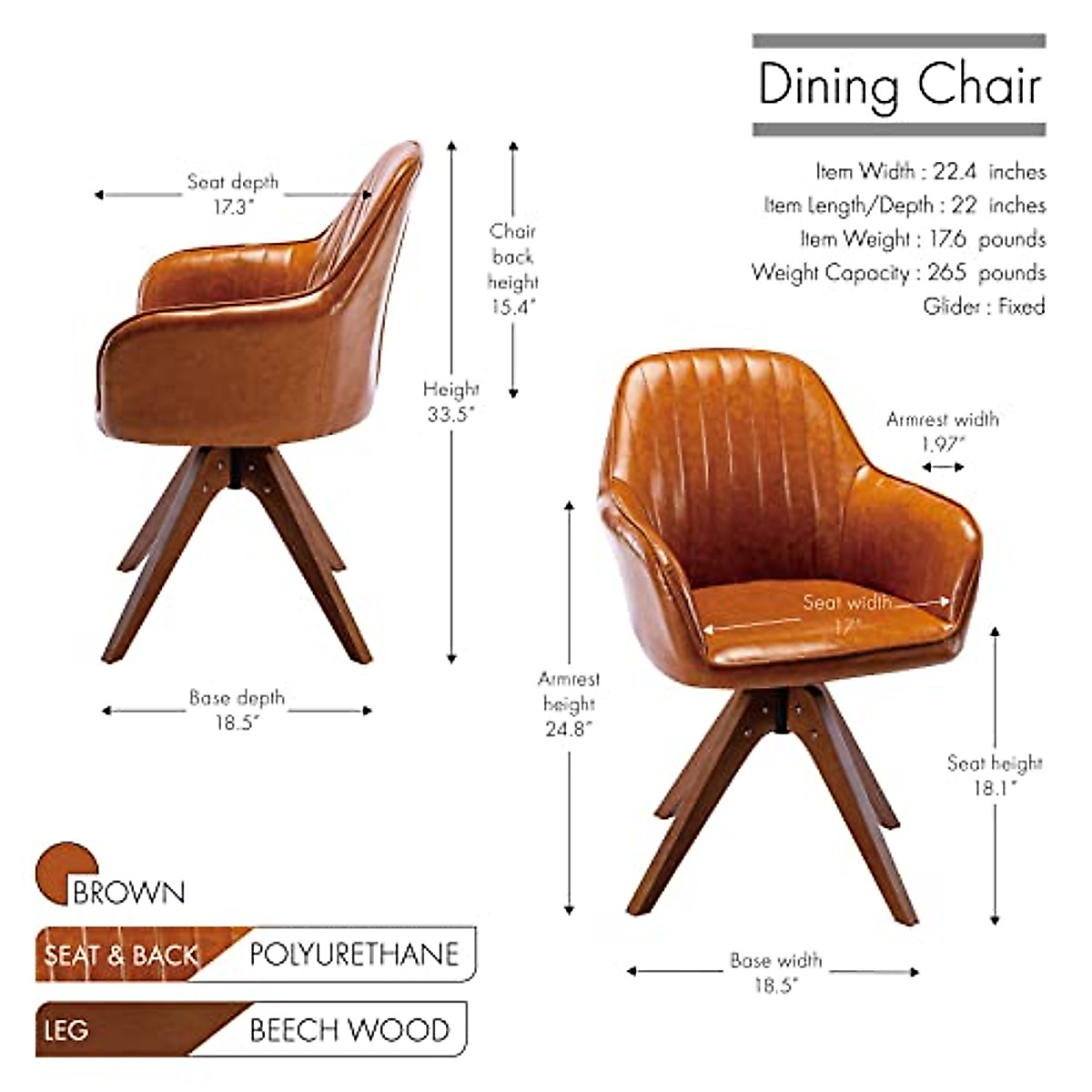 Porthos Home Oran Dining Chair, 360-degree Swivel Seat, Upholstered in Water and Stain Resistant PU Leather, Sturdy Beech Wood Legs, Bucket Chair Style with High Armrests