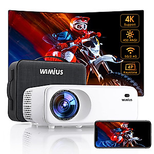 5G WiFi Bluetooth Projector 4K Support, 450 ANSI Native 1080P WIMIUS W6 Outdoor Movie Projector with 300" Display , 4P/4D Keystone, 50% Zoom, Video Projector Compatible iOS/Android/TV Stick/PS4/PPT