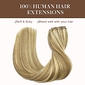 GOO GOO Wire Hair Extensions Human Hair, 16/22 Light Blondewith mix Golden Blonde Highlighted 14inch 75g, Invisible Wire Hair Extensions with Transparent, Seamless Fish Line Hairpiece